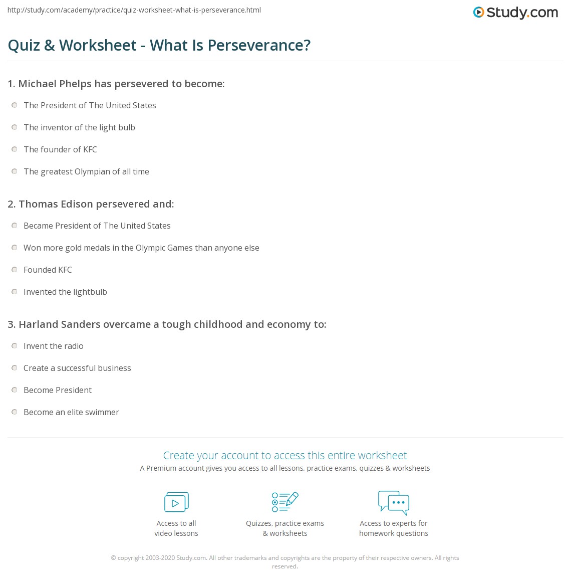 Quiz & Worksheet - What Is Perseverance? | Study.com
