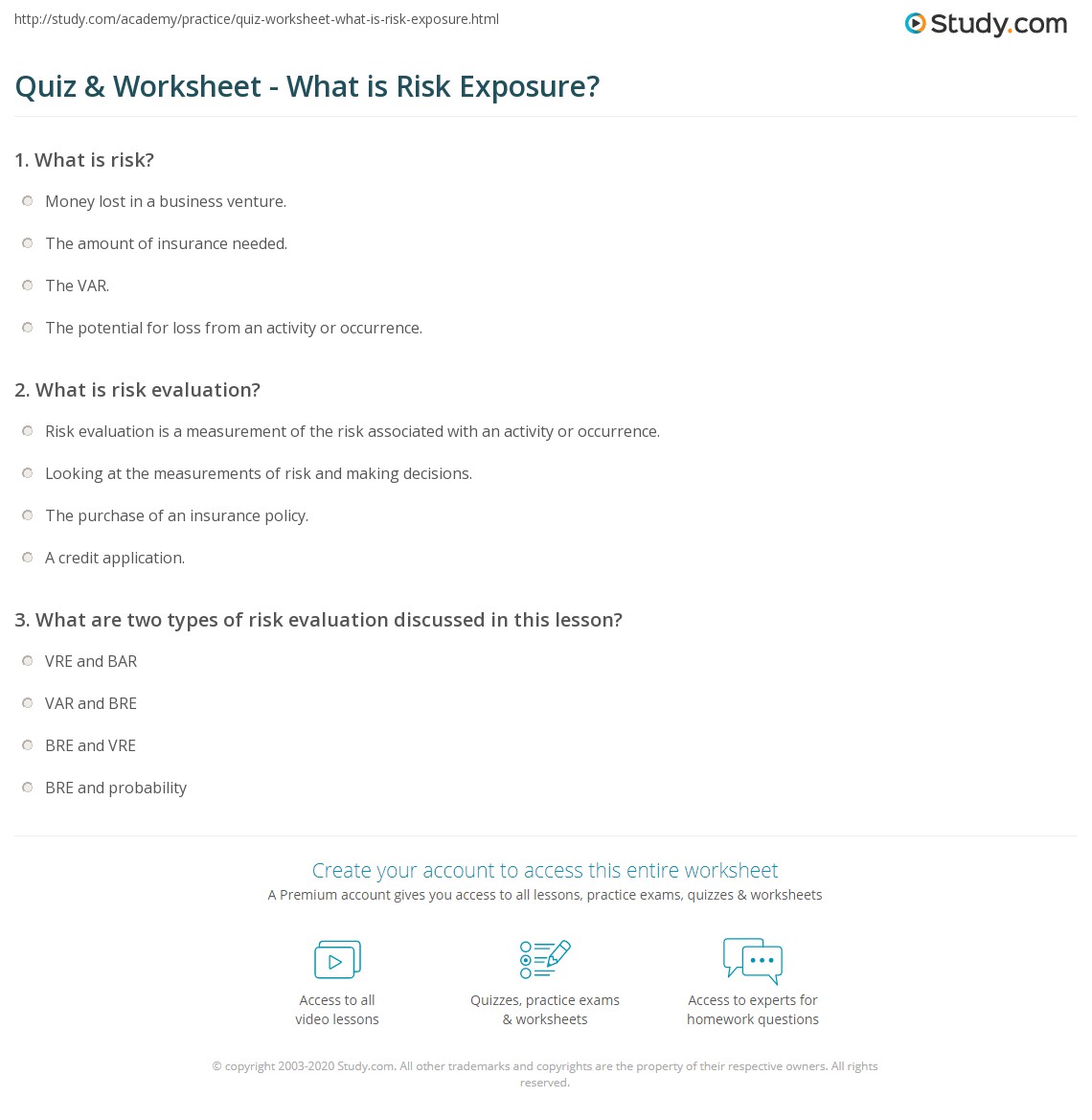 Quiz & Worksheet - What is Risk Exposure? | Study.com