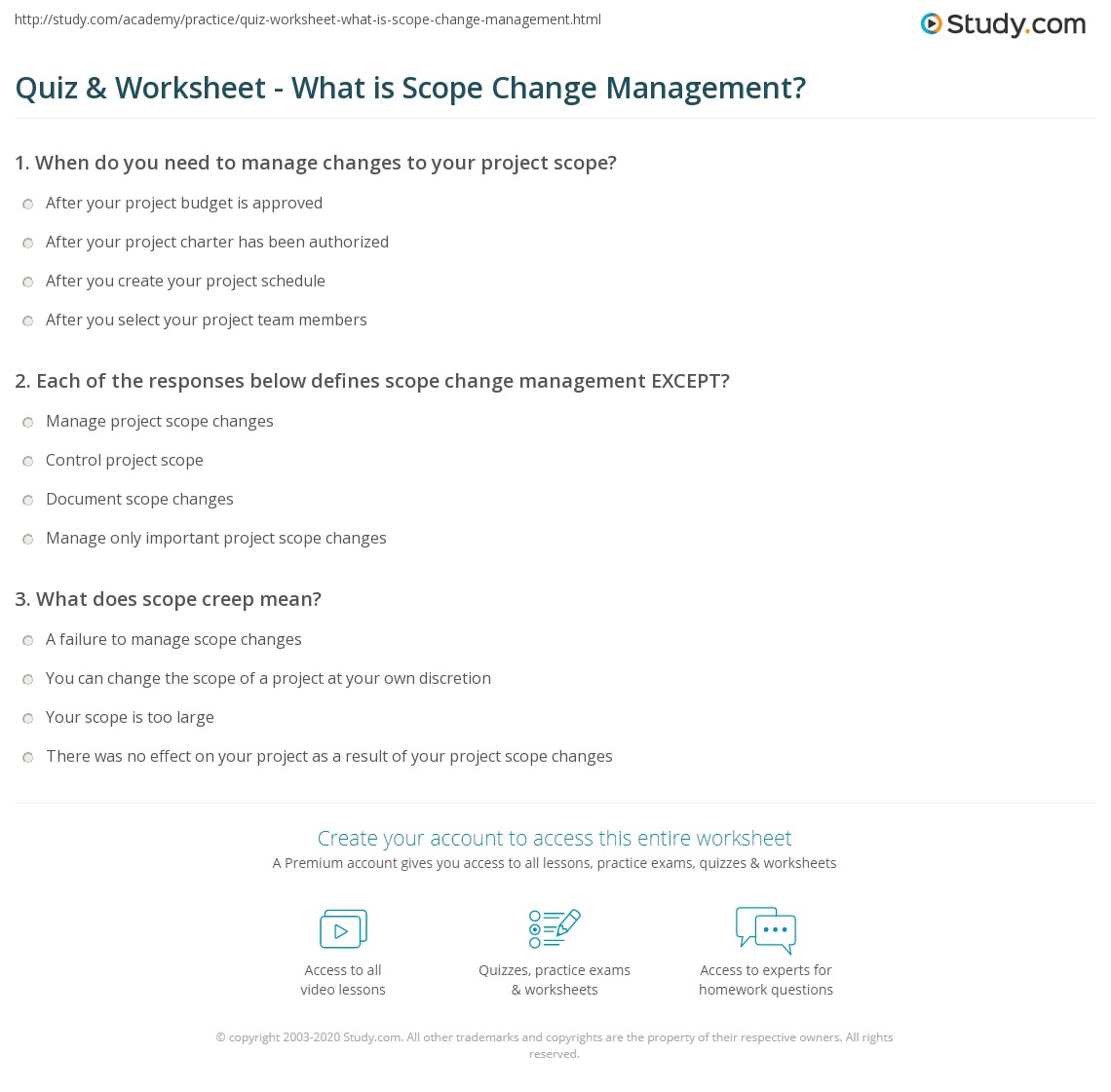 Quiz & Worksheet - What is Scope Change Management? | Study.com