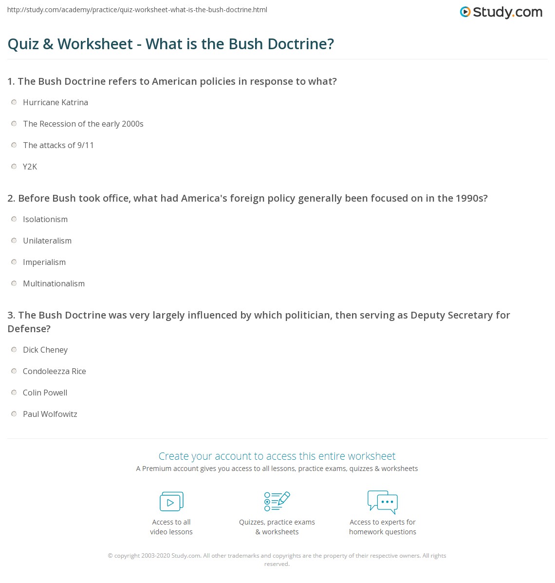 Quiz & Worksheet - What is the Bush Doctrine? | Study.com