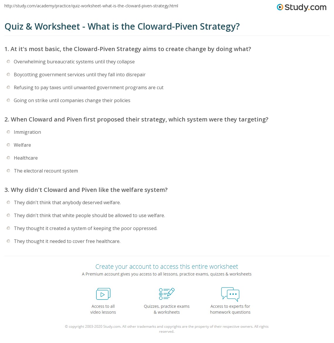 Quiz & Worksheet - What is the Cloward-Piven Strategy? | Study.com