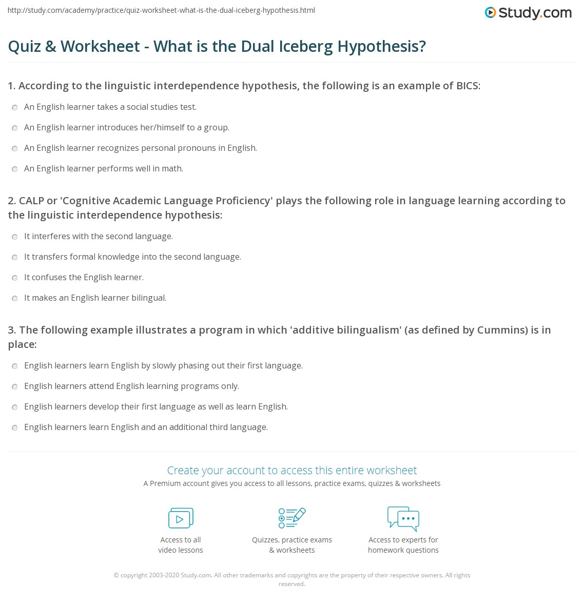 Quiz & Worksheet - What is the Dual Iceberg Hypothesis? | Study.com