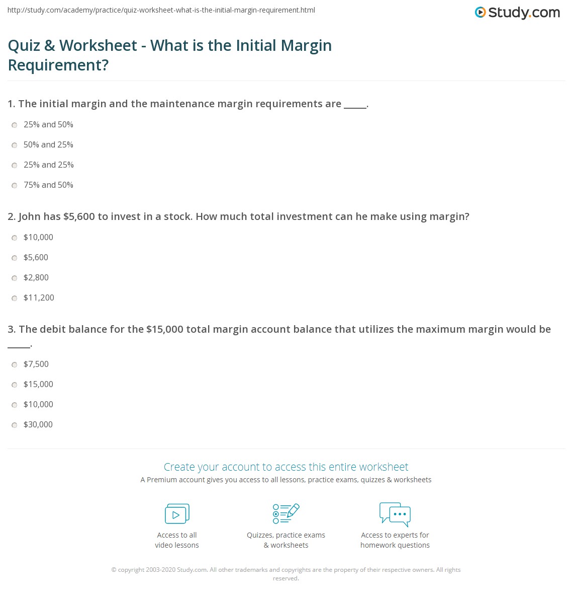 Quiz & Worksheet - What is the Initial Margin Requirement? | Study.com