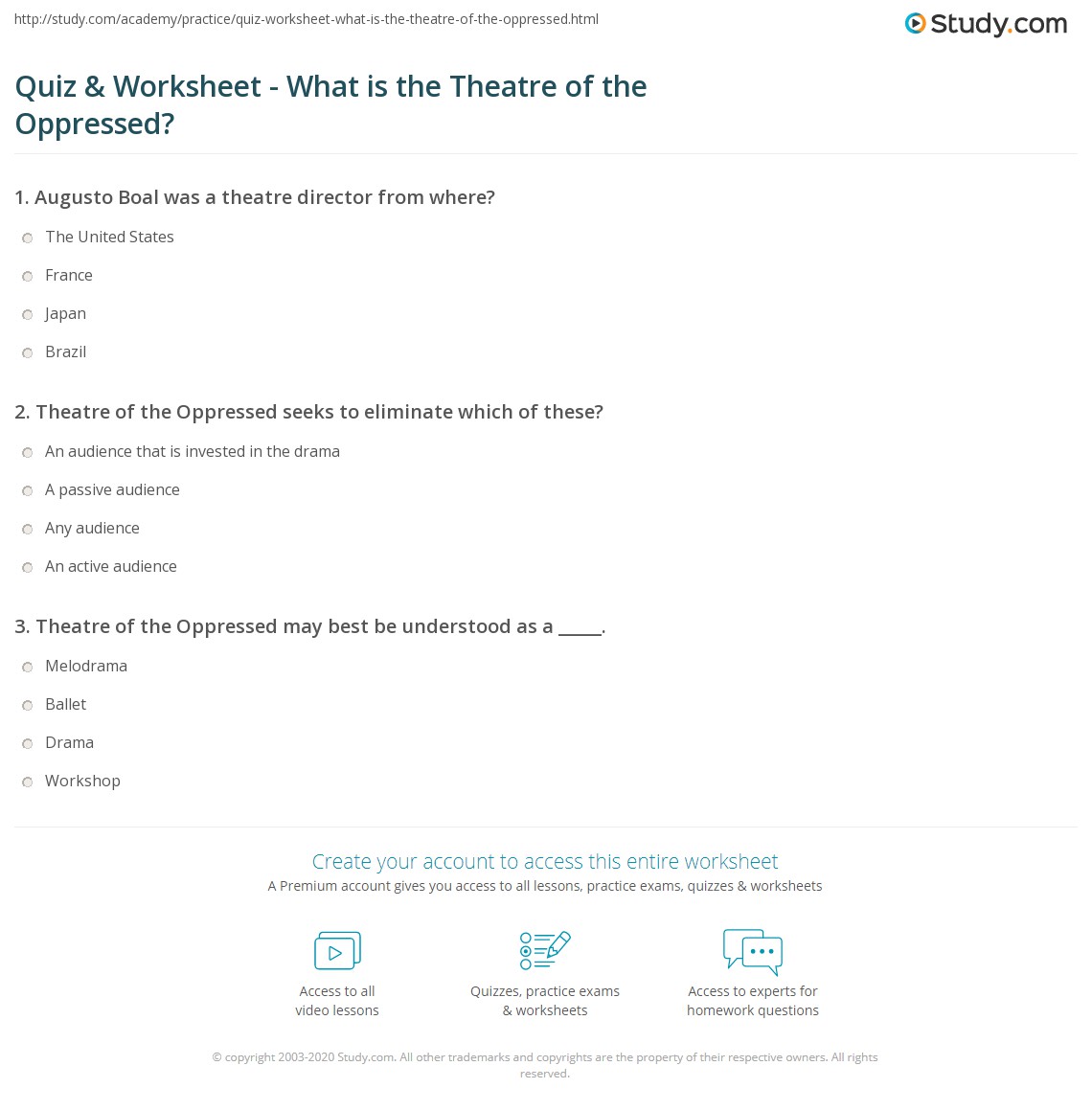 Quiz & Worksheet - What is the Theatre of the Oppressed? | Study.com