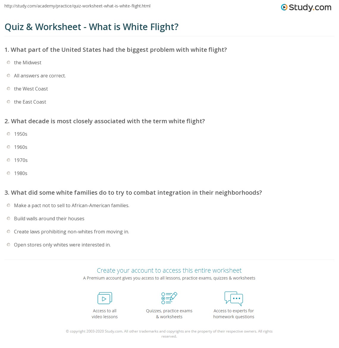 Quiz & Worksheet - What is White Flight? | Study.com