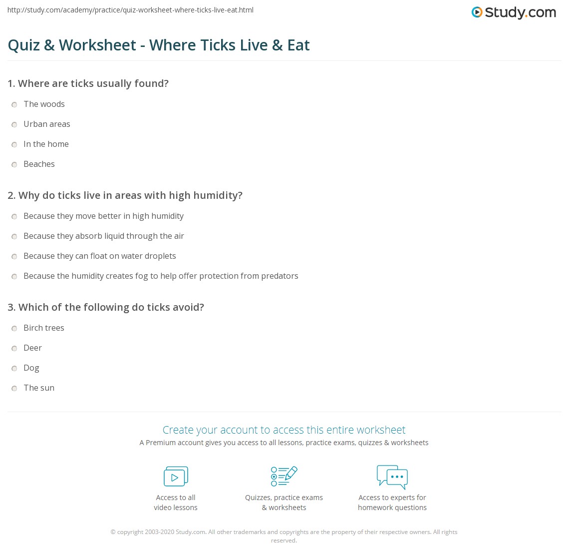 Quiz & Worksheet - Where Ticks Live & Eat | Study.com
