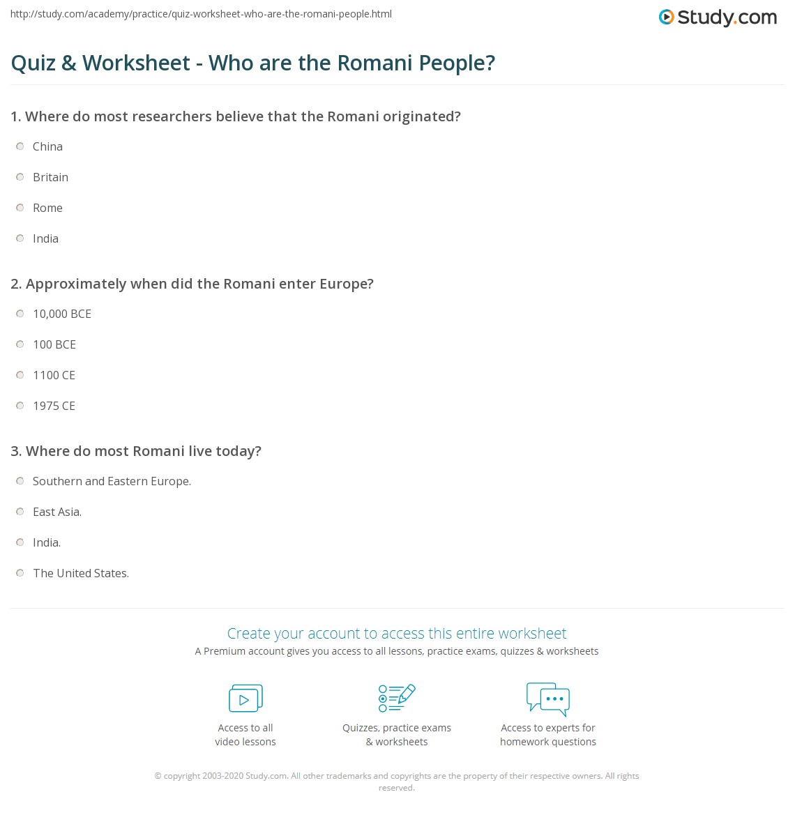 Quiz & Worksheet - Who are the Romani People? | Study.com