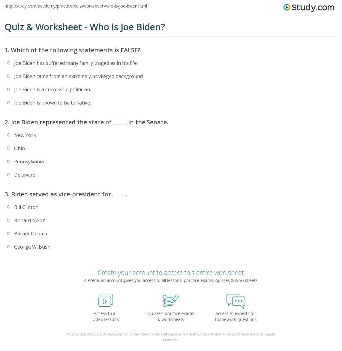 Quiz & Worksheet - Who is Joe Biden? | Study.com