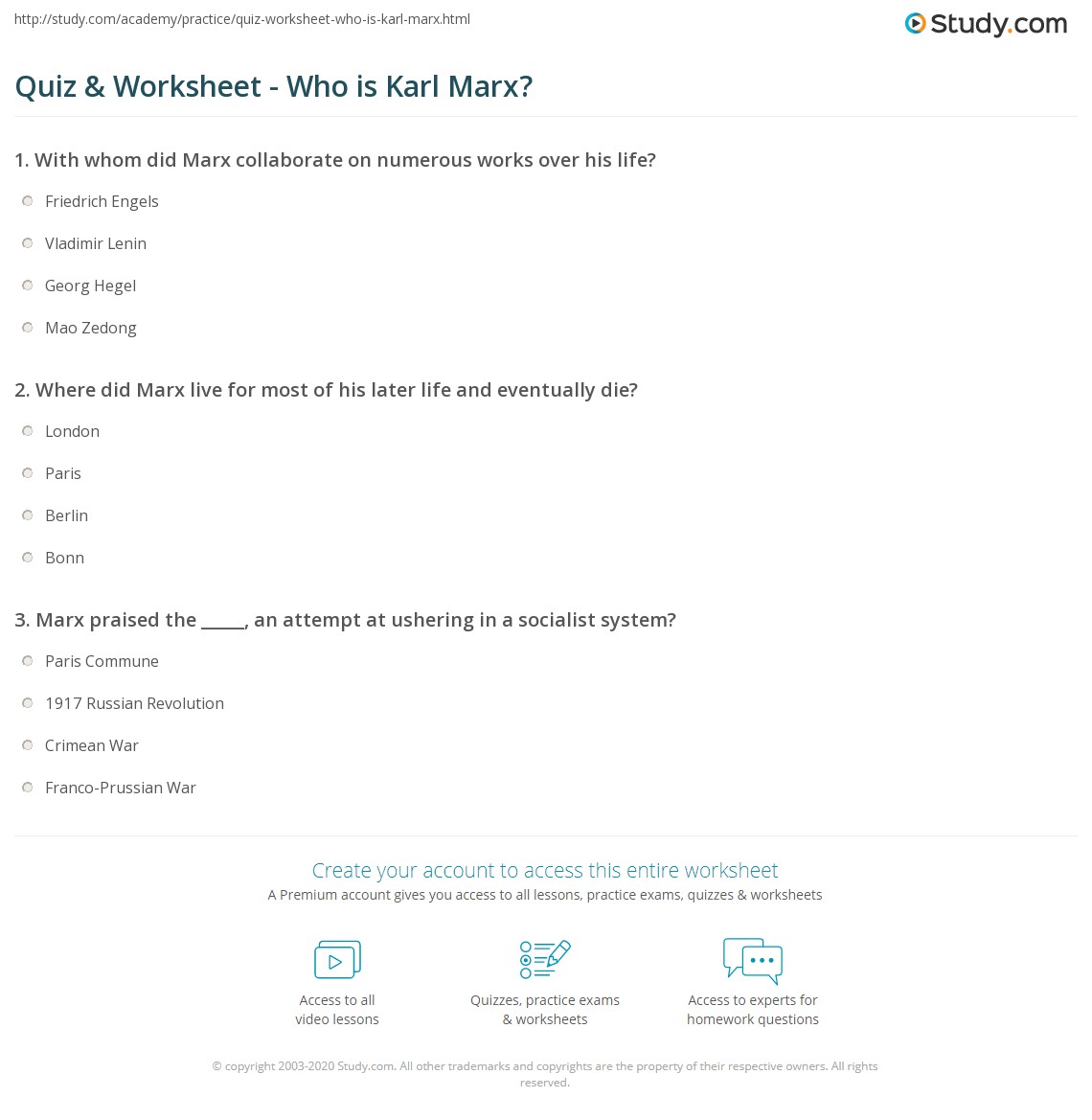 Quiz & Worksheet - Who is Karl Marx? | Study.com