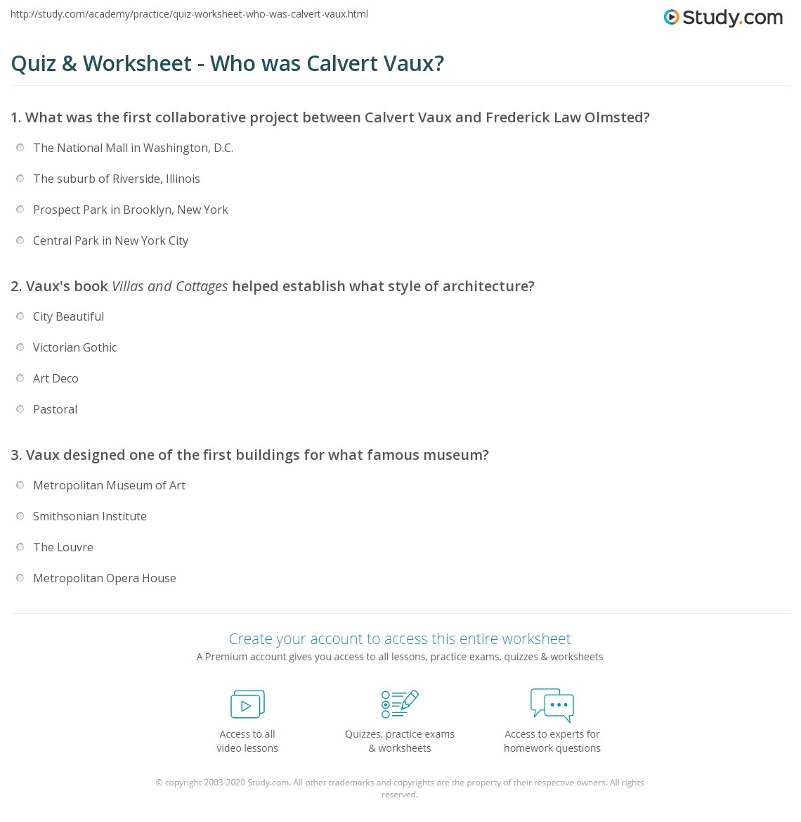 Quiz & Worksheet - Who was Calvert Vaux? | Study.com