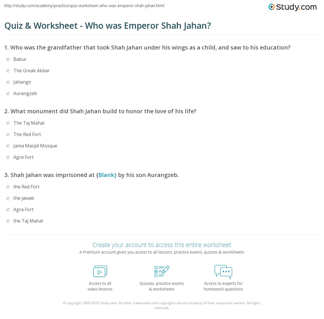 Quiz & Worksheet - Who was Emperor Shah Jahan? | Study.com
