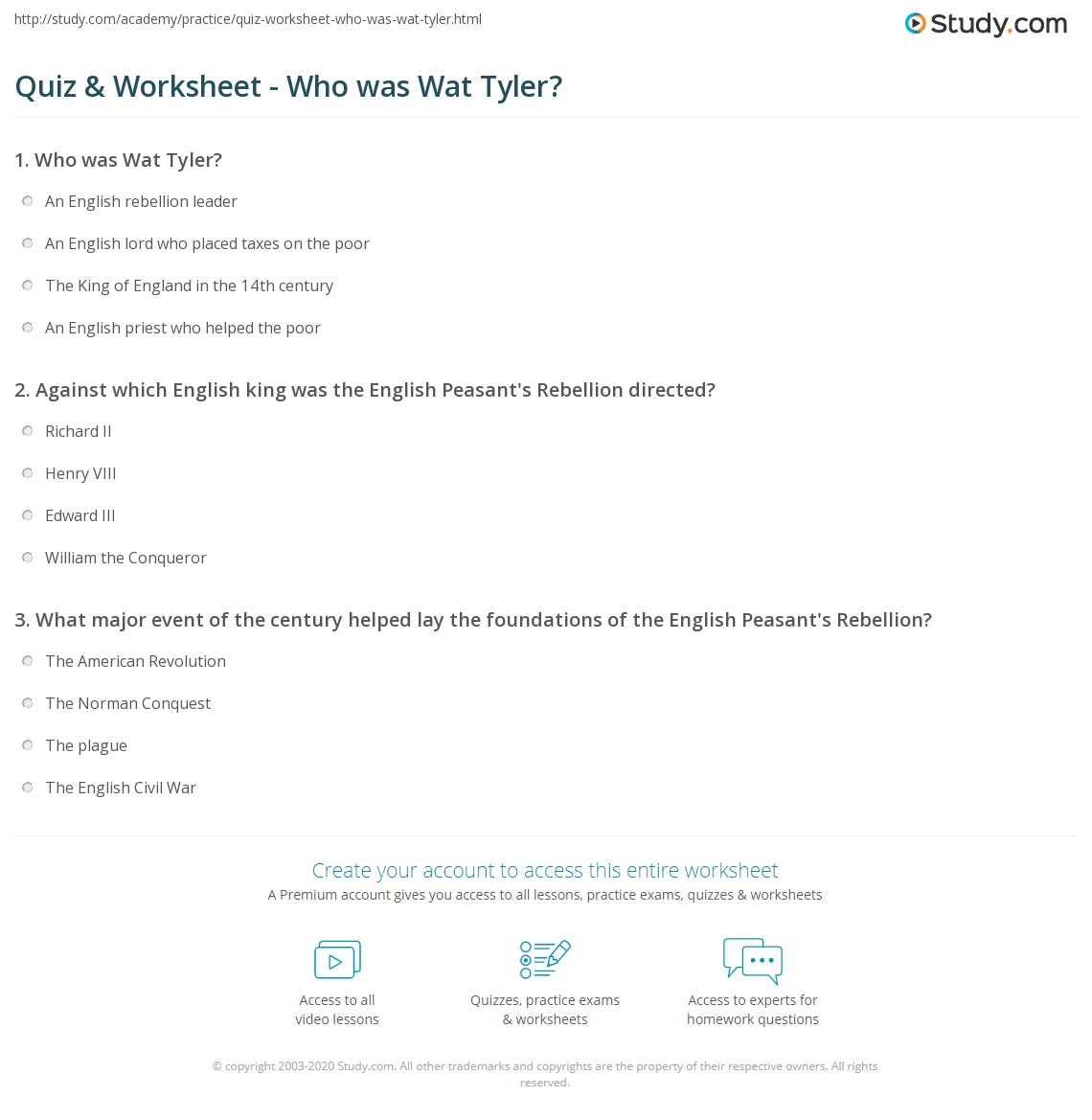 Quiz & Worksheet - Who was Wat Tyler? | Study.com