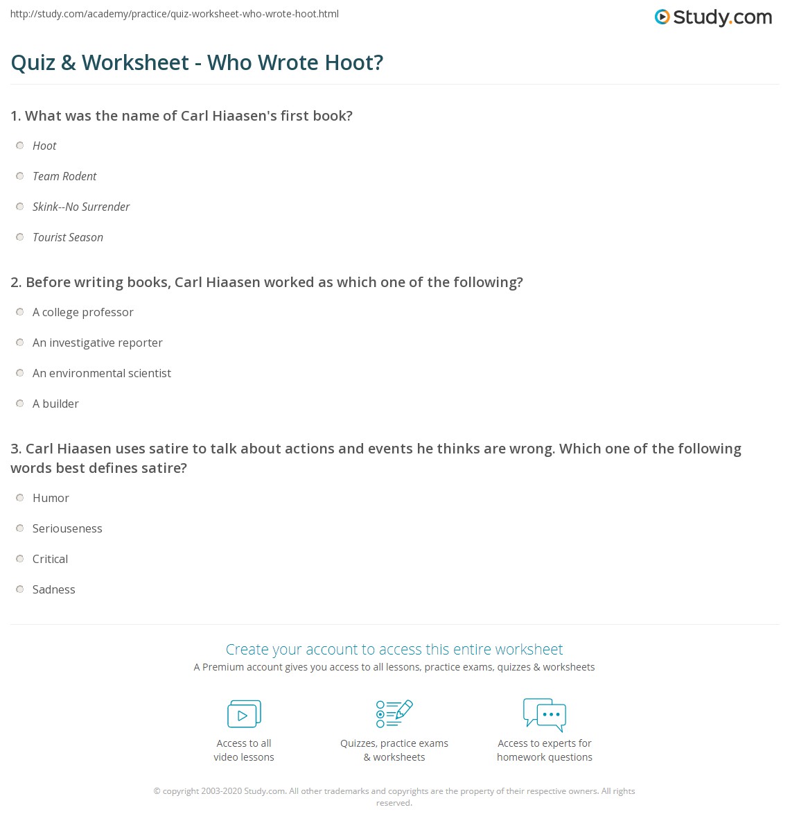 Quiz & Worksheet - Who Wrote Hoot? | Study.com