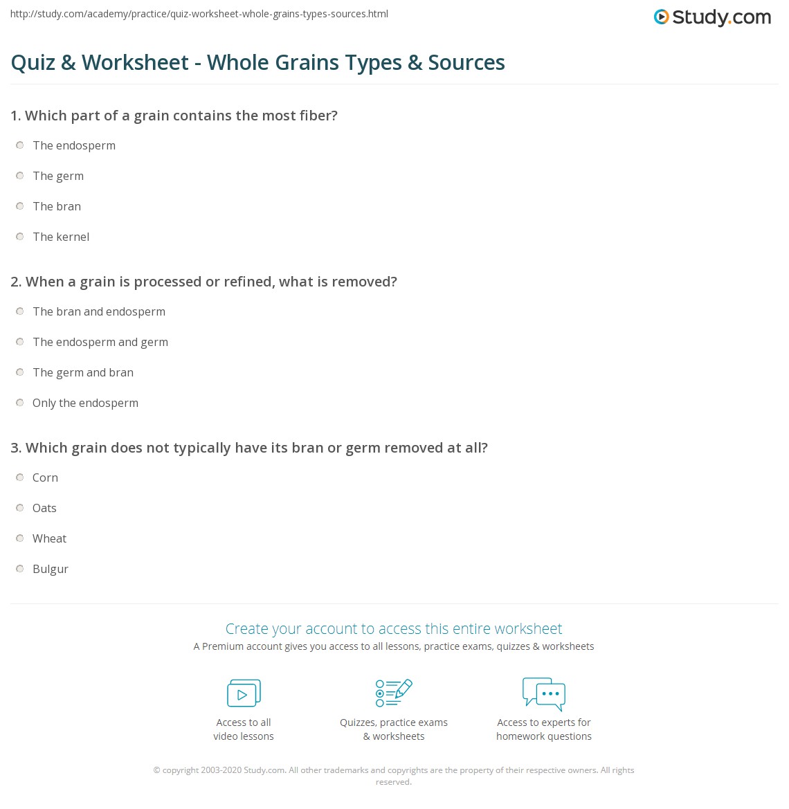 Quiz & Worksheet - Whole Grains Types & Sources | Study.com