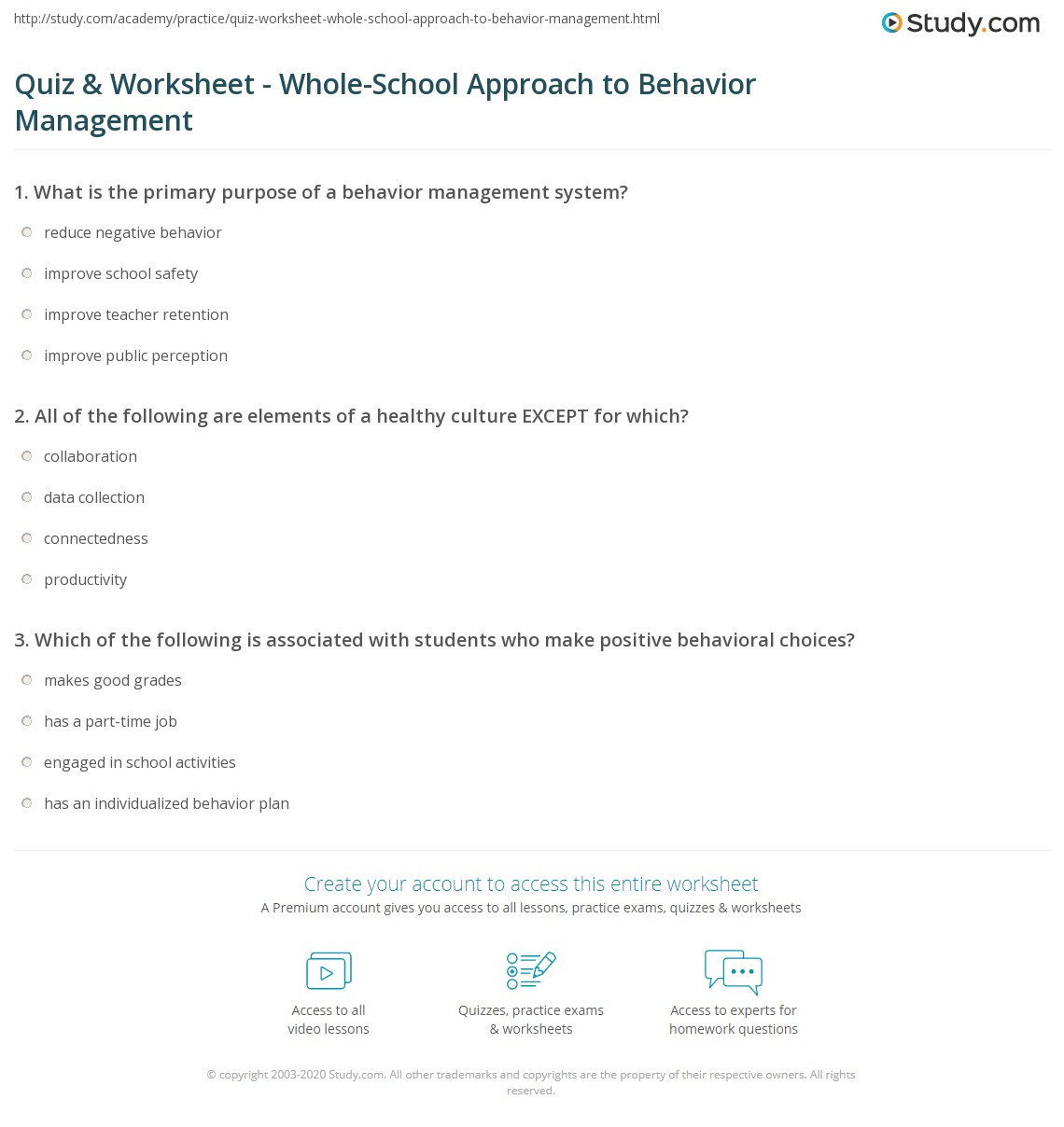 Quiz & Worksheet - Whole-School Approach to Behavior Management | Study.com
