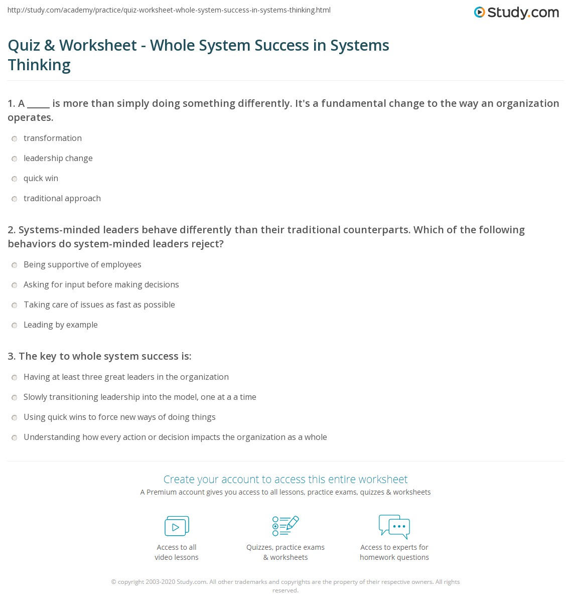 Quiz & Worksheet - Whole System Success in Systems Thinking | Study.com