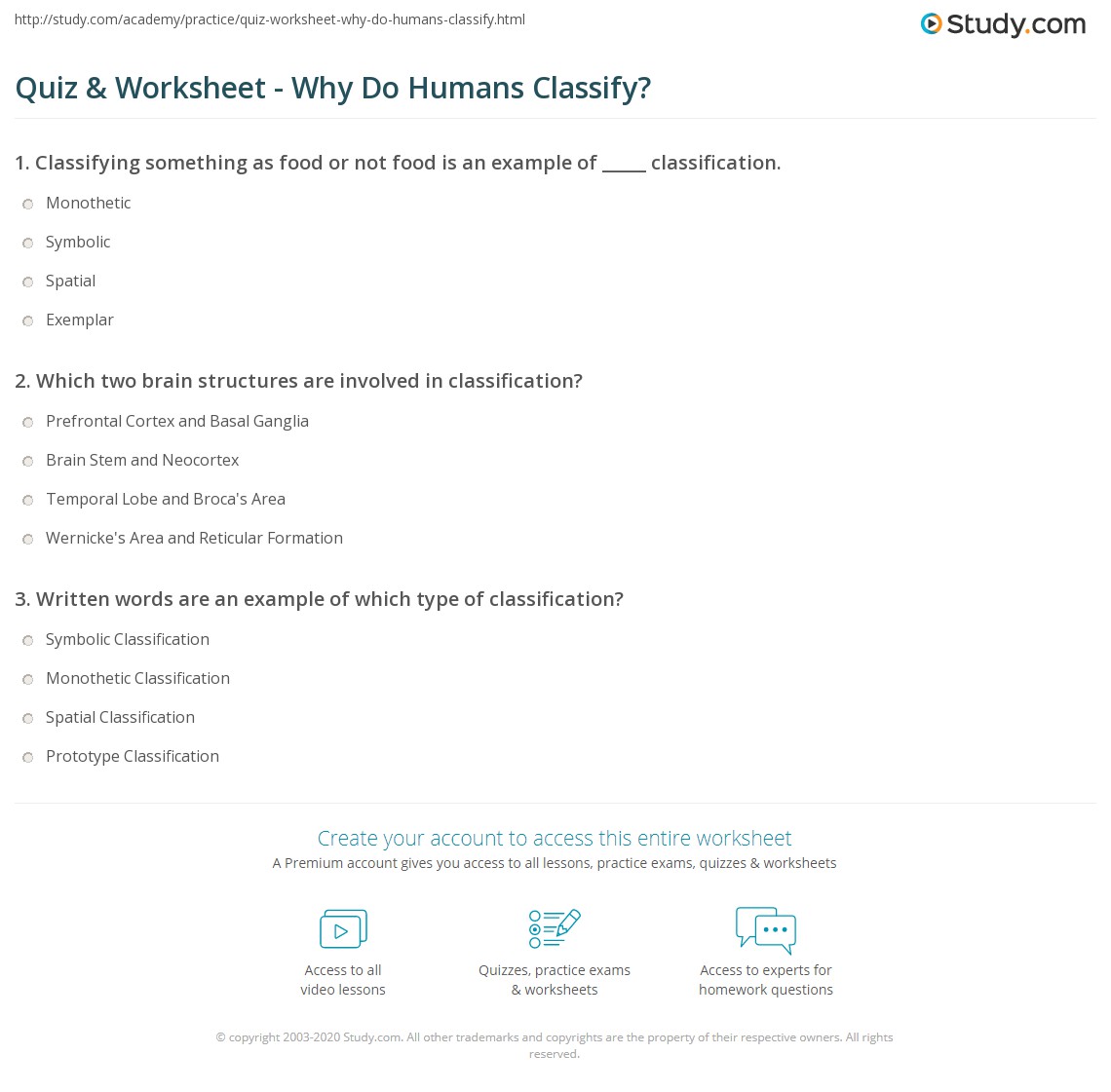 Quiz & Worksheet - Why Do Humans Classify? | Study.com