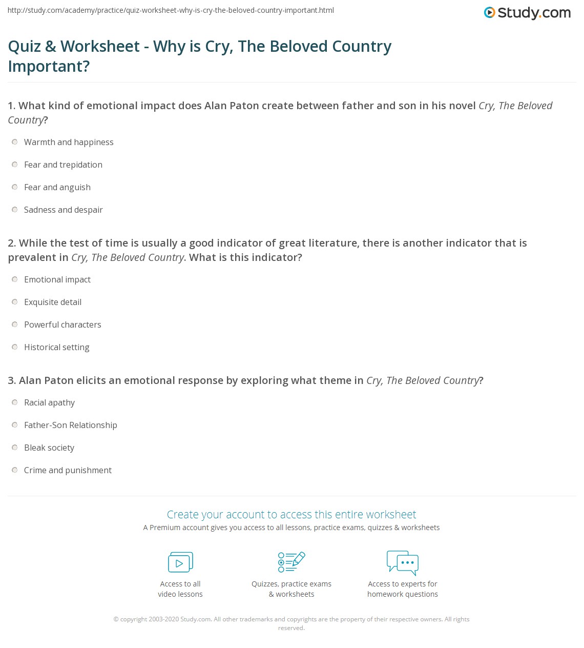 Quiz & Worksheet - Why is Cry, The Beloved Country Important? | Study.com