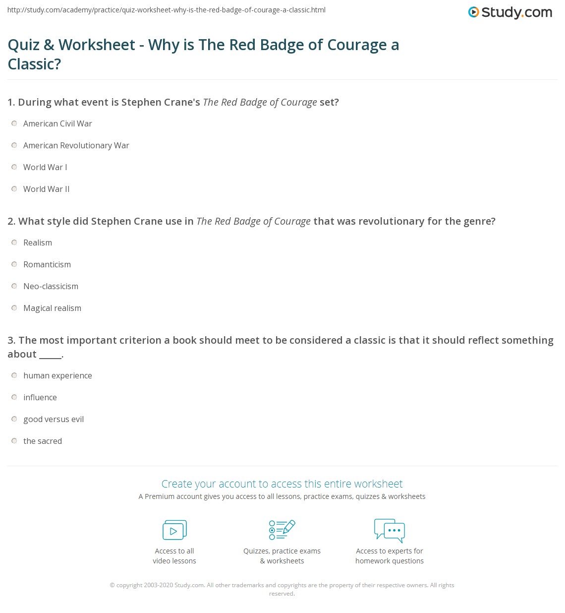 Quiz & Worksheet - Why is The Red Badge of Courage a Classic? | Study.com