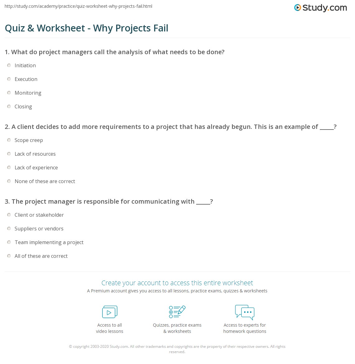 Quiz & Worksheet - Why Projects Fail | Study.com
