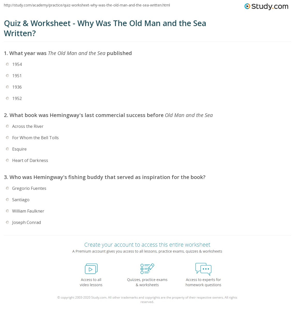 Quiz & Worksheet - Why Was The Old Man and the Sea Written? | Study.com