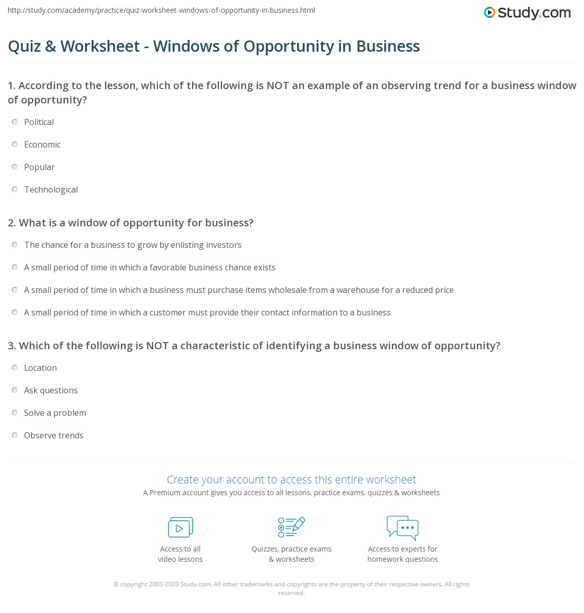 Quiz & Worksheet - Windows of Opportunity in Business | Study.com
