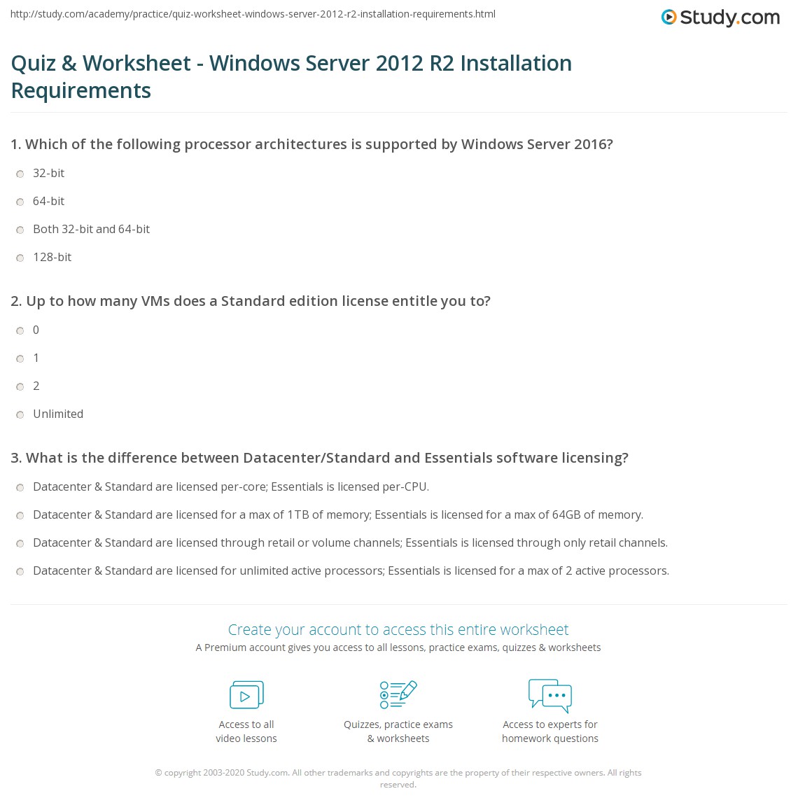Quiz & Worksheet - Windows Server 2012 R2 Installation Requirements ...