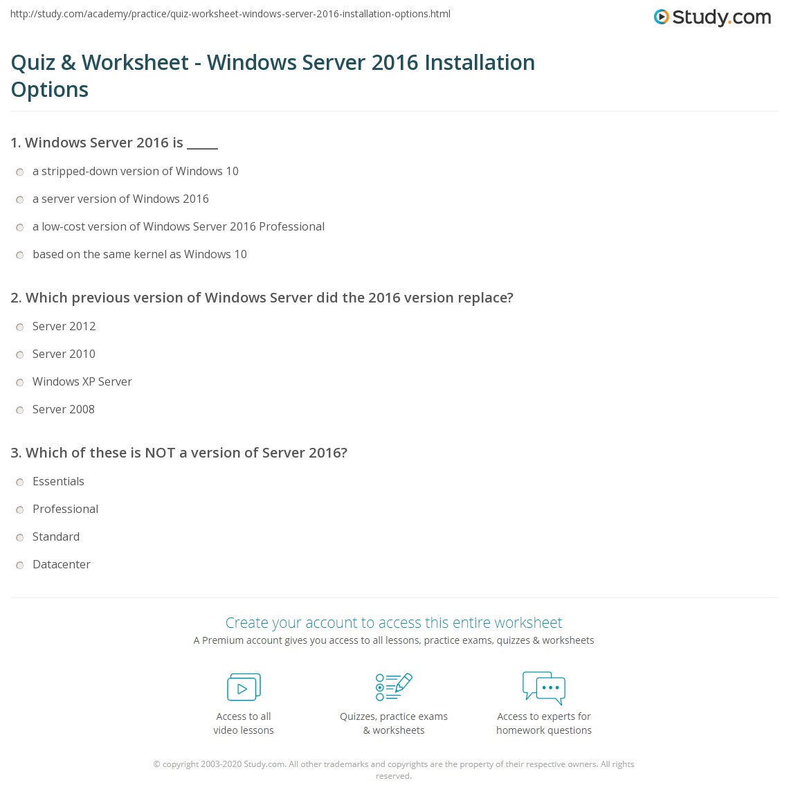 Quiz & Worksheet - Windows Server 2016 Installation Options | Study.com