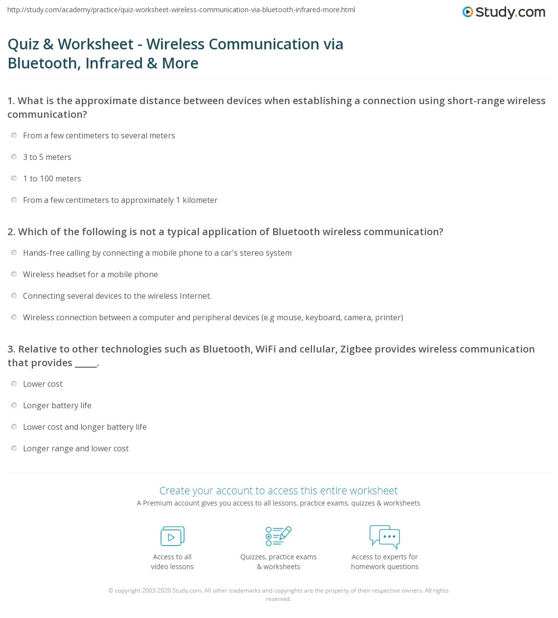 Quiz & Worksheet - Wireless Communication via Bluetooth, Infrared ...