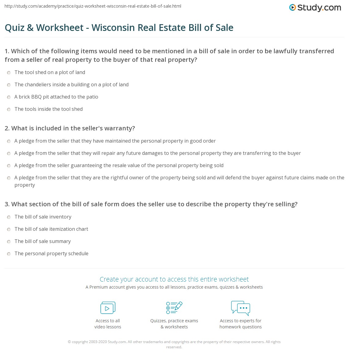 Quiz & Worksheet - Wisconsin Real Estate Bill of Sale | Study.com