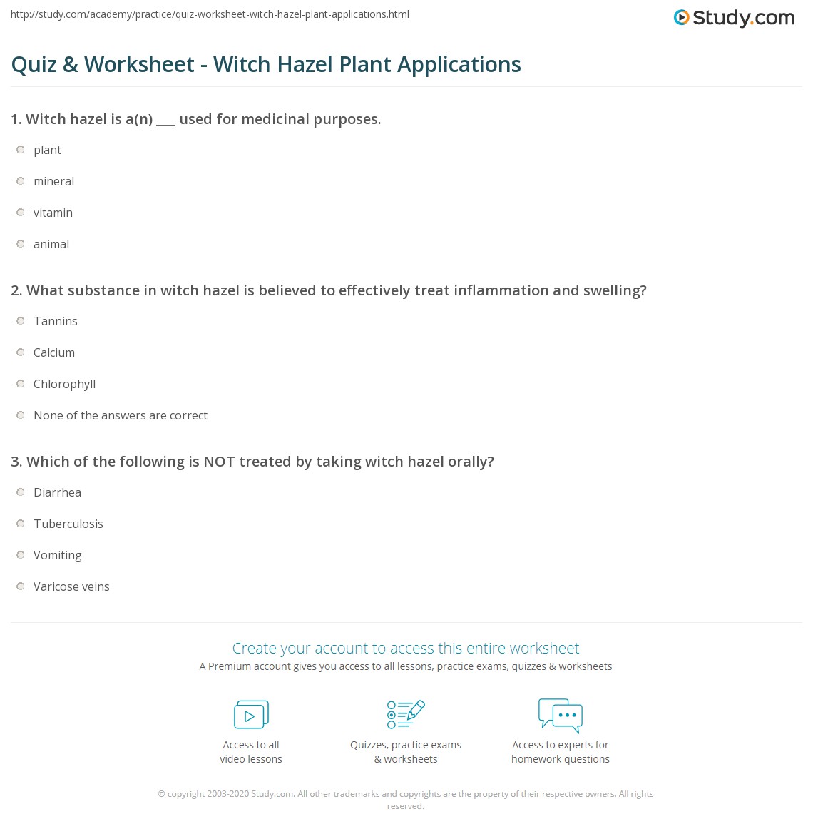 Quiz & Worksheet - Witch Hazel Plant Applications | Study.com