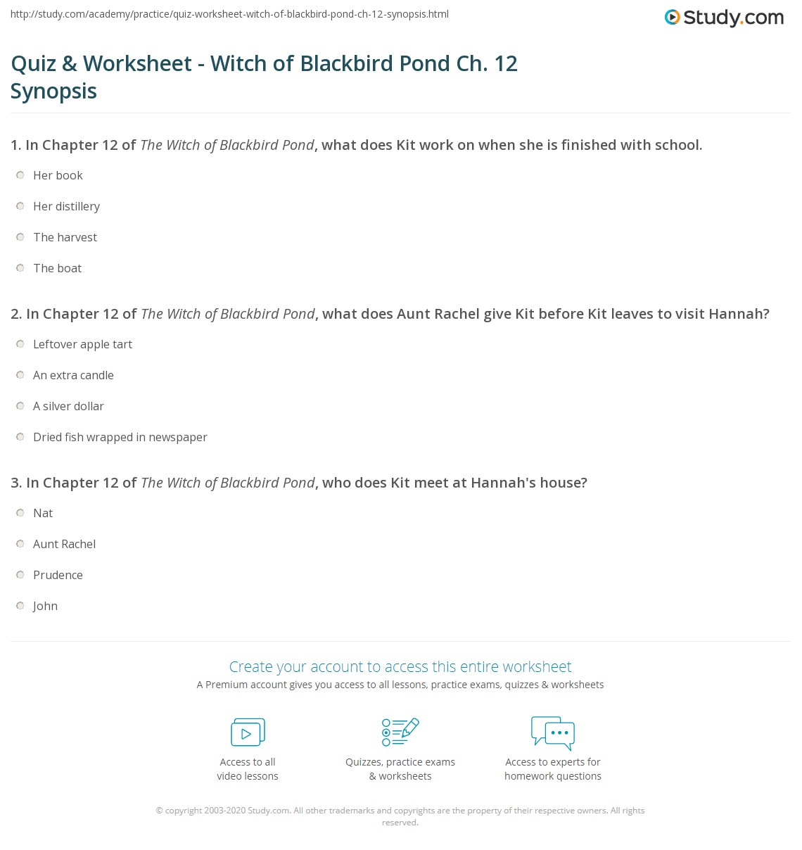 Quiz & Worksheet - Witch of Blackbird Pond Ch. 12 Synopsis | Study.com