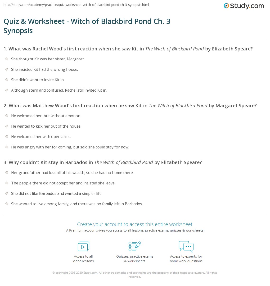 Quiz & Worksheet - Witch of Blackbird Pond Ch. 3 Synopsis | Study.com