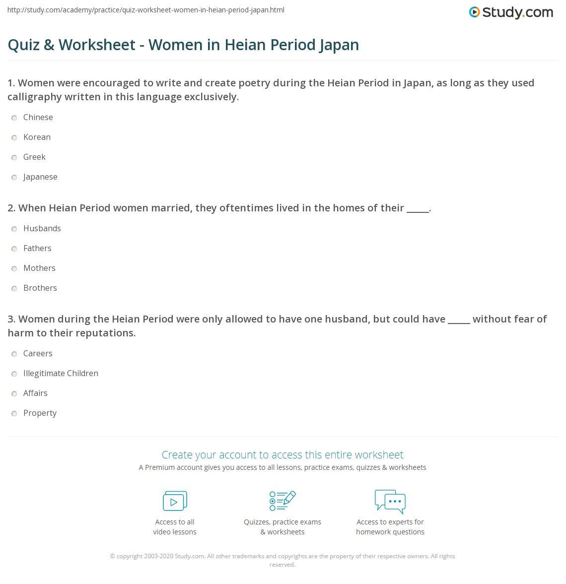 Quiz & Worksheet - Women in Heian Period Japan | Study.com