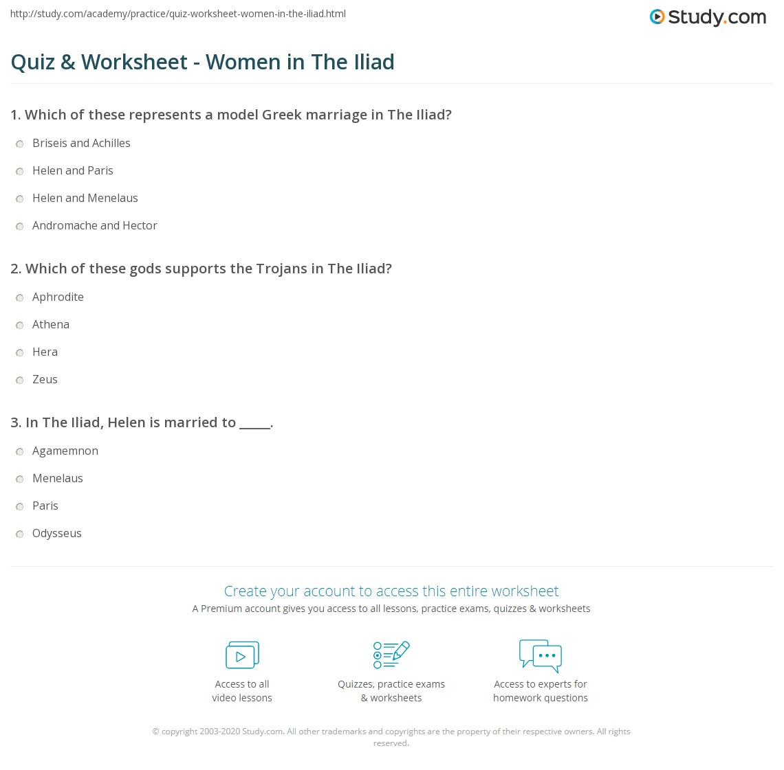 Quiz & Worksheet - Women in The Iliad | Study.com