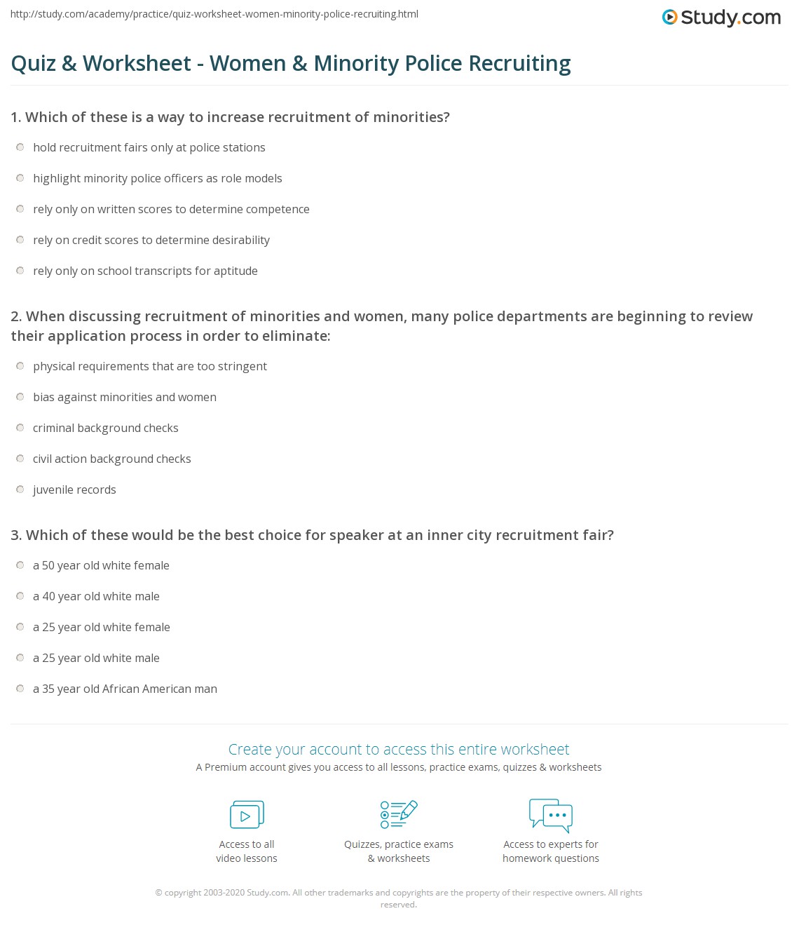 Quiz & Worksheet - Women & Minority Police Recruiting | Study.com