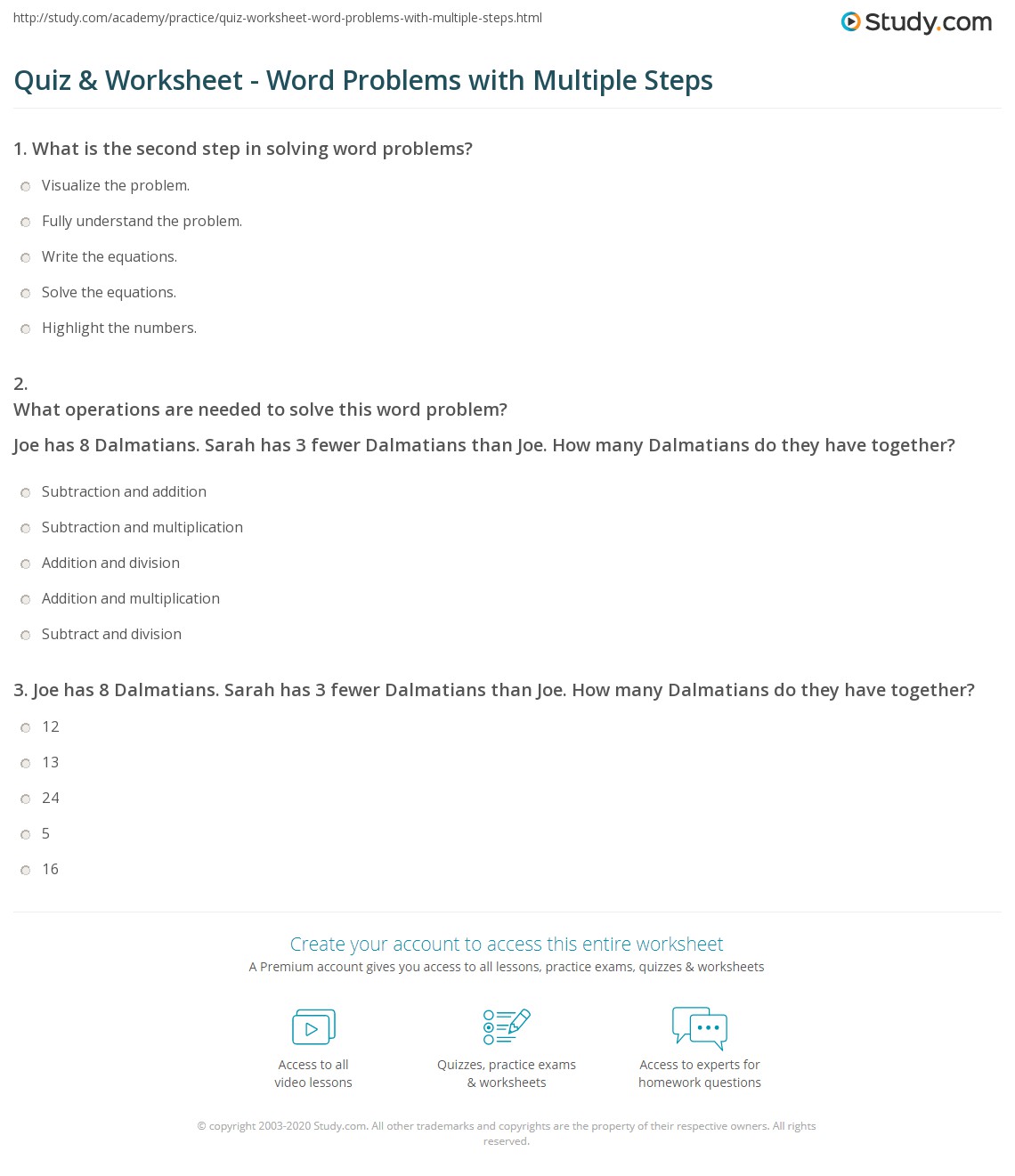 Quiz & Worksheet - Word Problems with Multiple Steps | Study.com