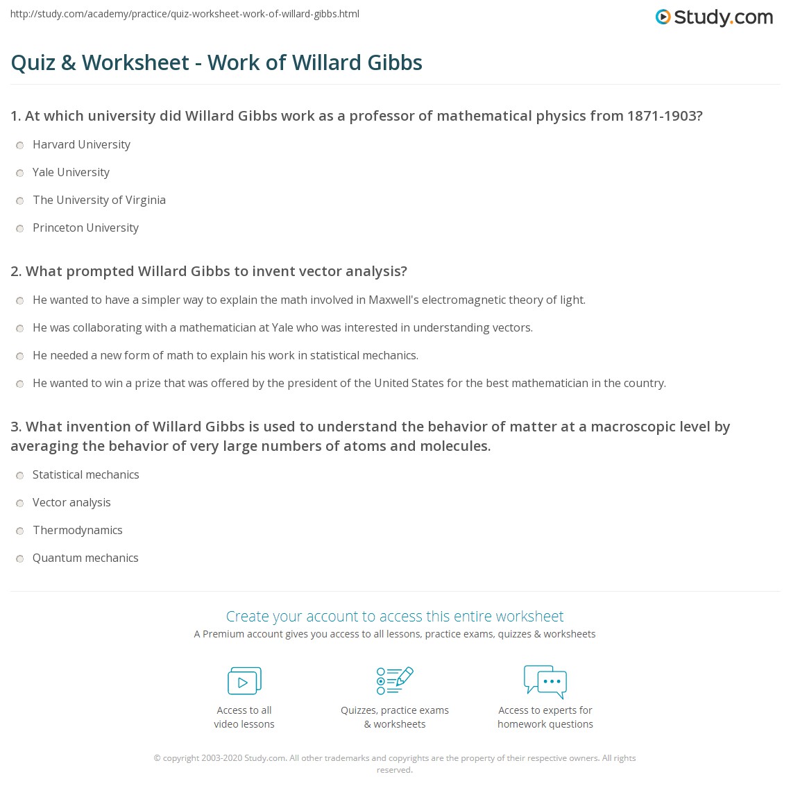 Quiz & Worksheet - Work of Willard Gibbs | Study.com
