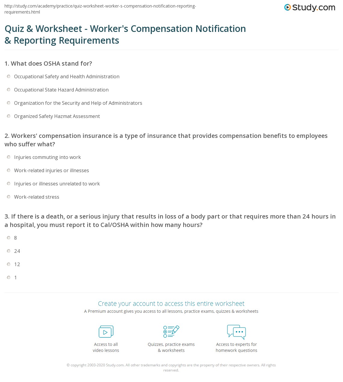 Quiz & Worksheet - Worker's Compensation Notification & Reporting ...