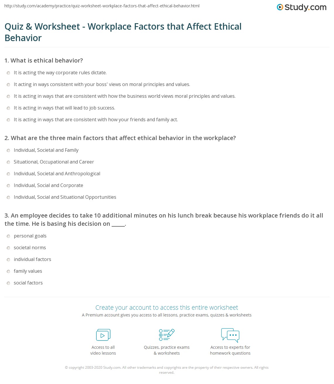 Quiz & Worksheet - Workplace Factors that Affect Ethical Behavior ...