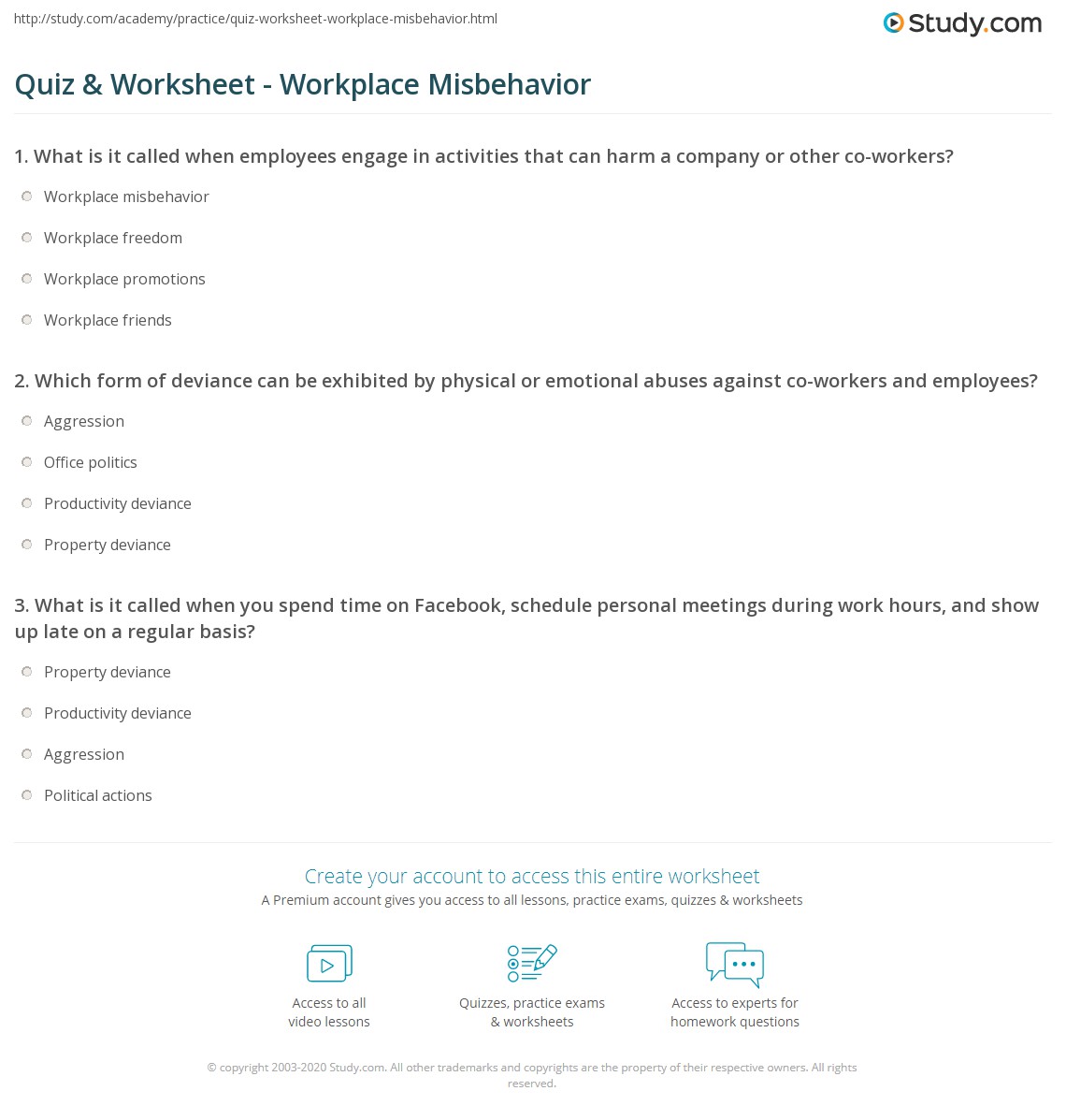 Quiz & Worksheet - Workplace Misbehavior | Study.com