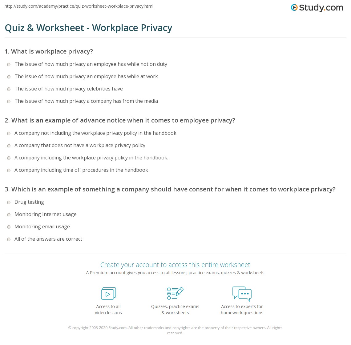 Quiz & Worksheet - Workplace Privacy | Study.com