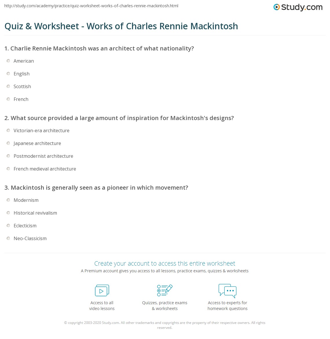 Quiz & Worksheet - Works of Charles Rennie Mackintosh | Study.com