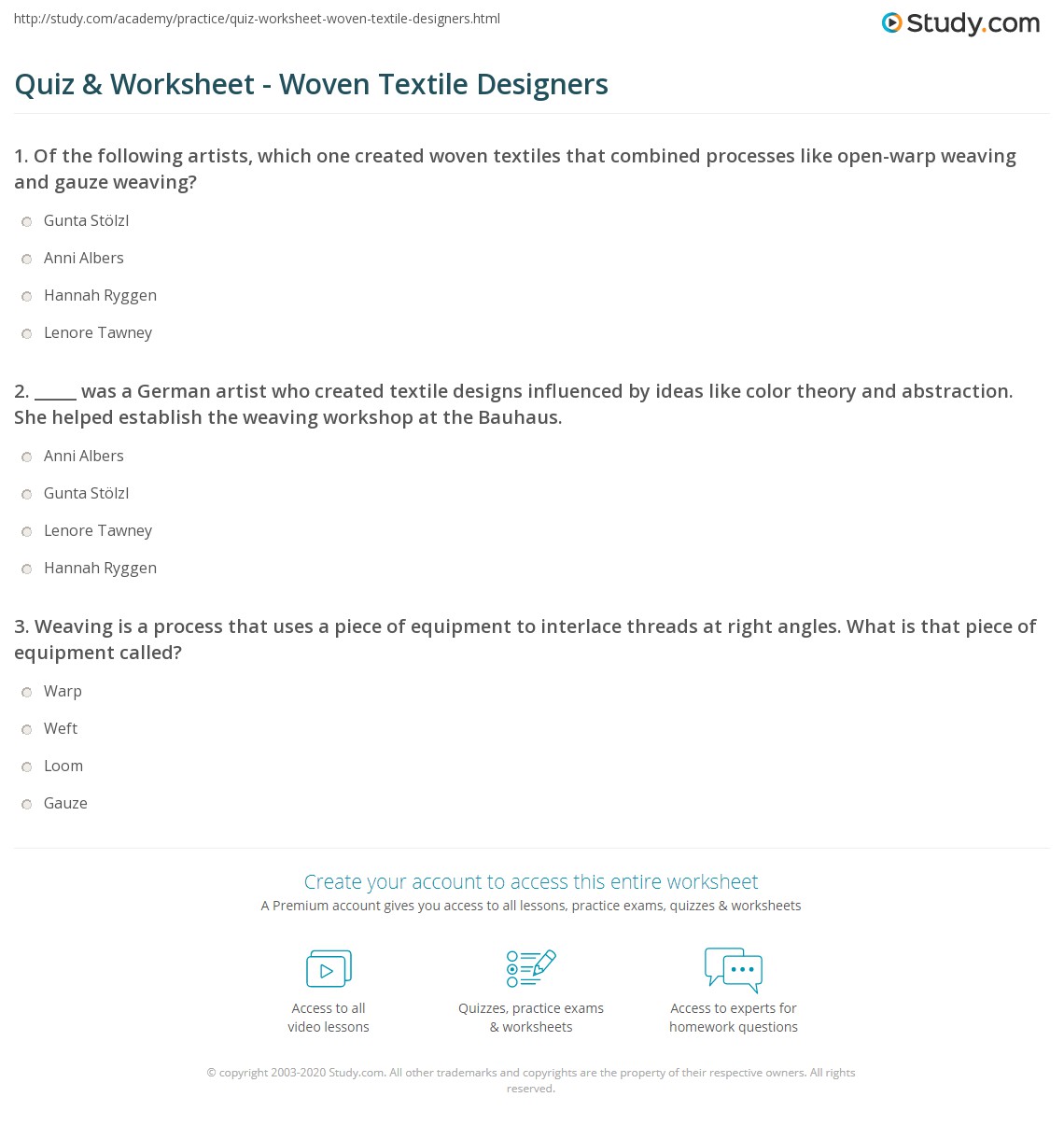 Quiz & Worksheet - Woven Textile Designers | Study.com