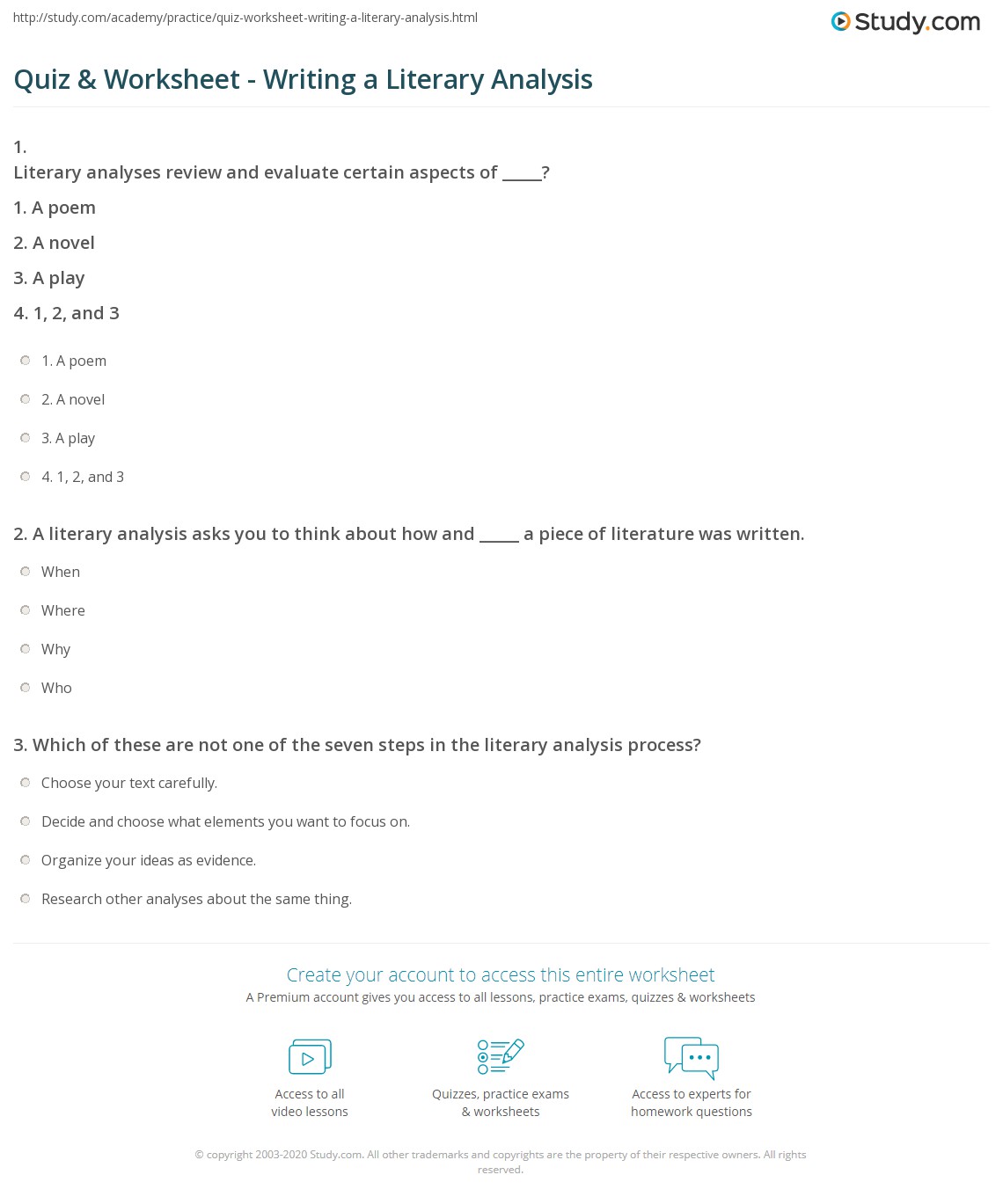 Quiz Worksheet Writing A Literary Analysis Study