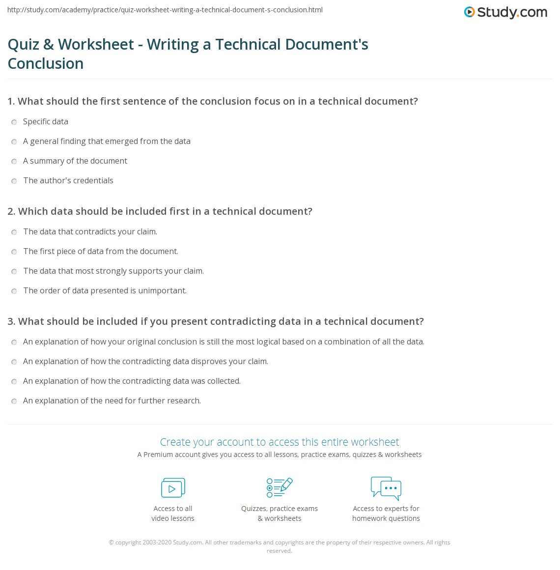 Quiz & Worksheet - Writing a Technical Document's Conclusion | Study.com