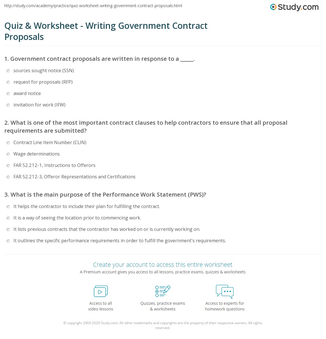 Quiz & Worksheet - Writing Government Contract Proposals | Study.com