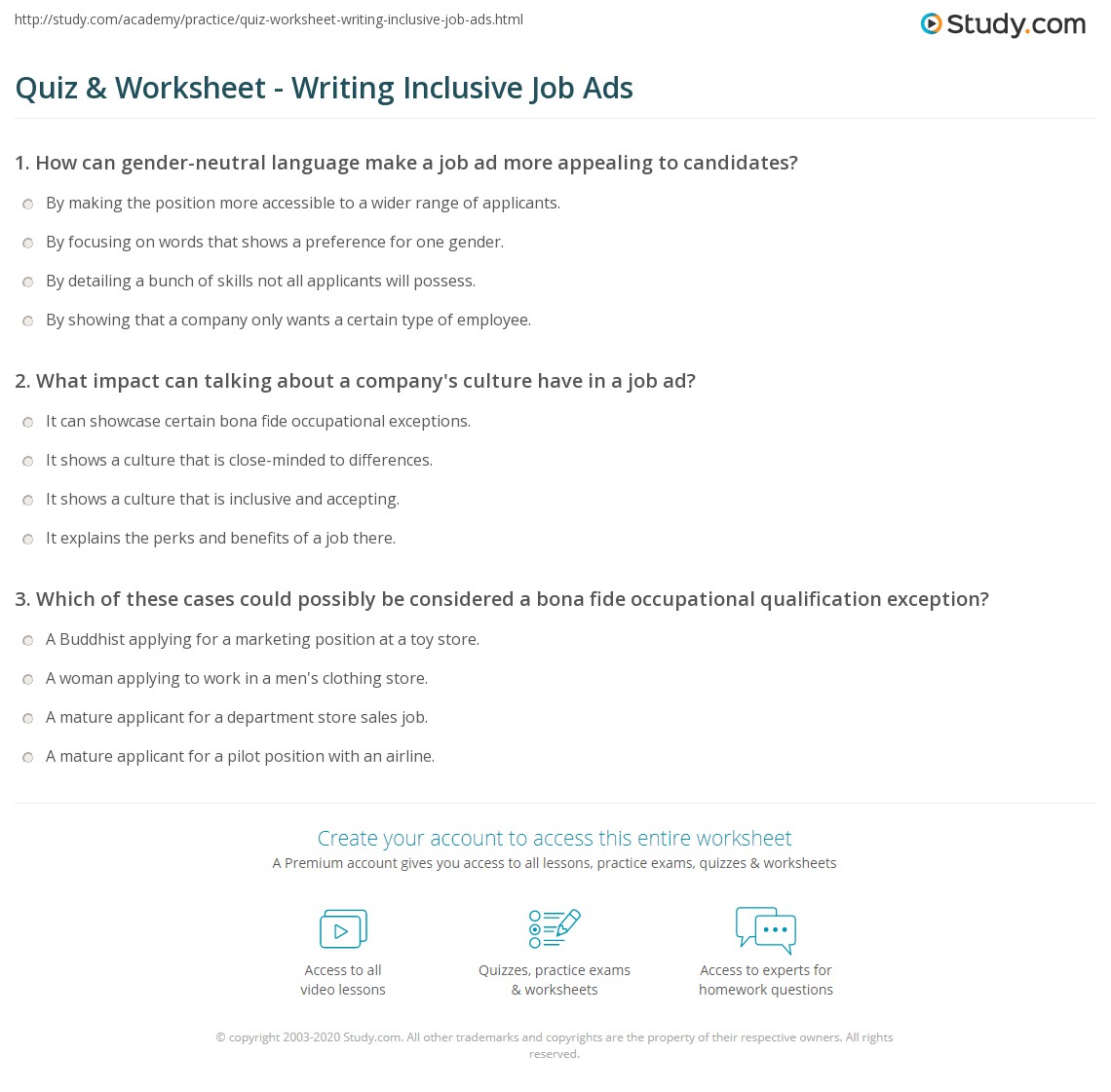 Quiz & Worksheet - Writing Inclusive Job Ads | Study.com