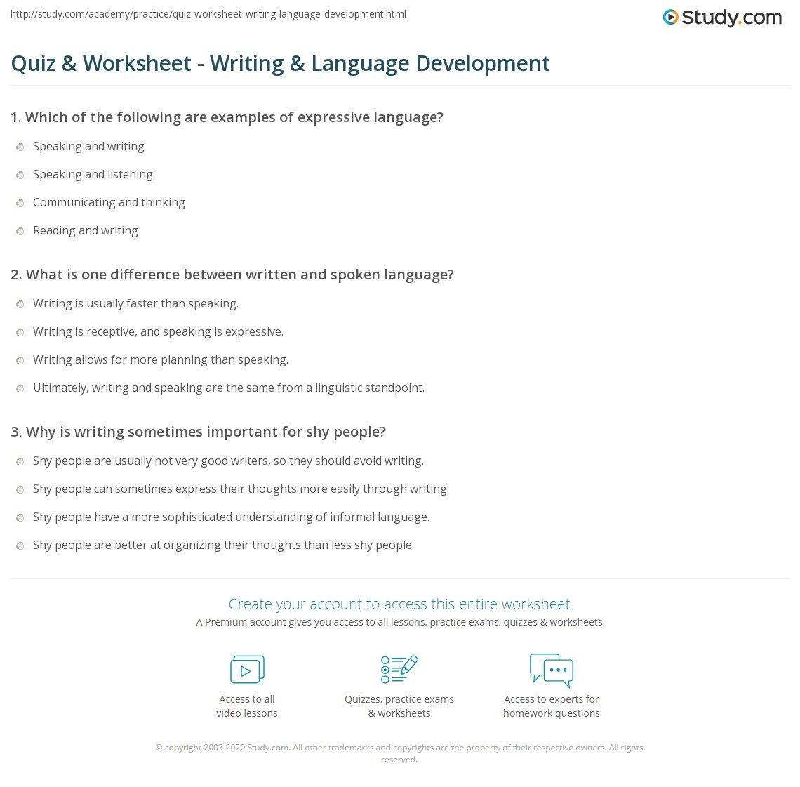 Quiz & Worksheet - Writing & Language Development | Study.com