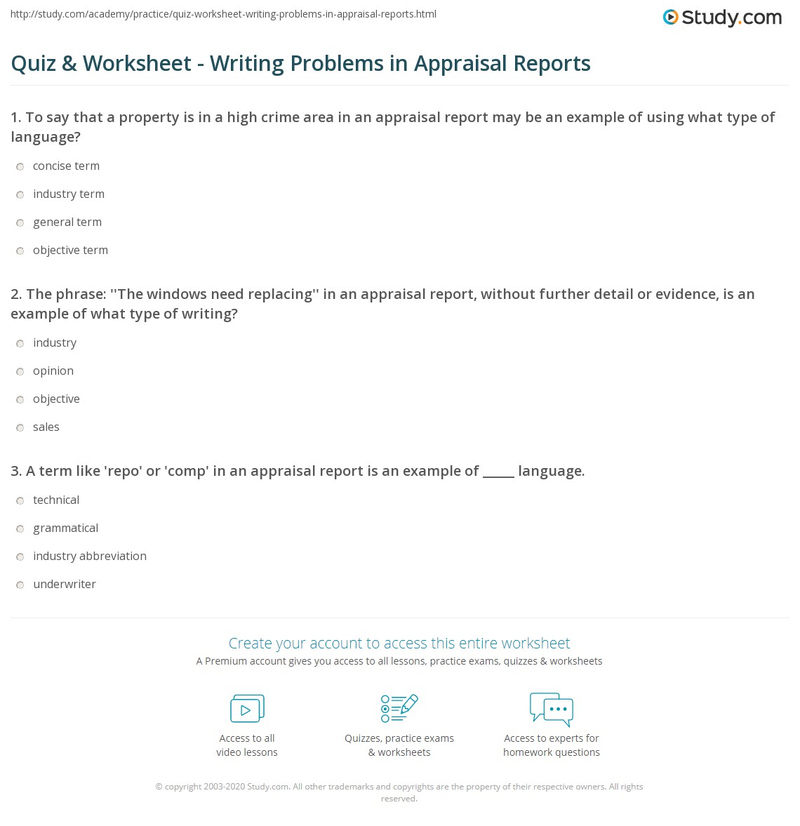 Quiz & Worksheet - Writing Problems in Appraisal Reports | Study.com